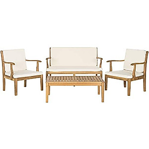 SAFAVIEH Outdoor Living Collection Bradbury 4-Piece Outdoor Living Set, Natural/Beige, Chair: 25.6" x 24.8" x 31.9" Bench: 48.4" x 24.8"