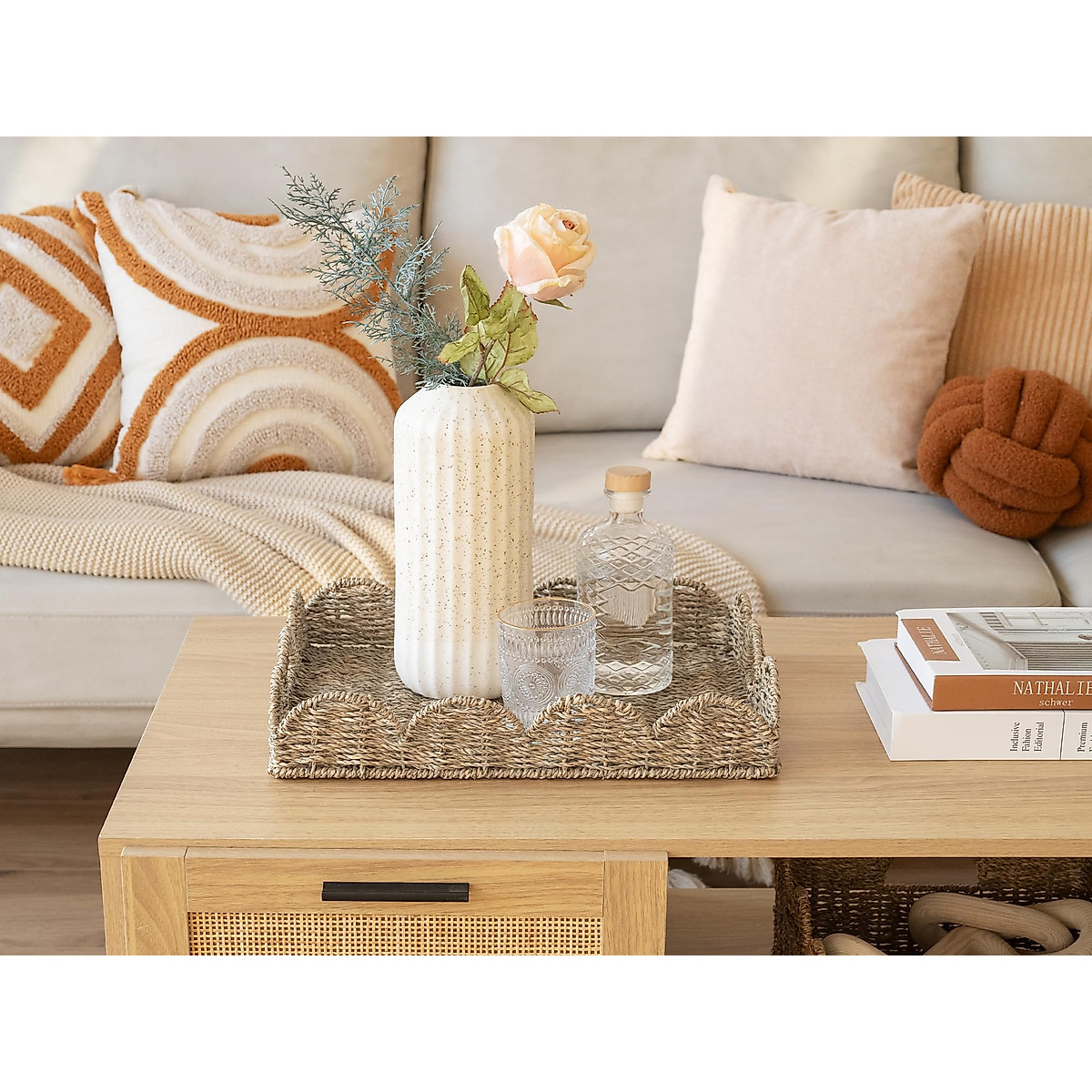 StorageWorks Scalloped Tray, Wicker Rattan Serving Tray with Handles, Woven Rectangle Seagrass Tray, Scalloped Basket Table Décor Trays, Rattan Basket Tray for Ottoman Decorative and Organizer Trays