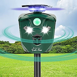 Lulu Home Ultrasonic Animal Repeller, Outdoor Weatherproof Solar Powered PIR Repellent with Motion Activated Flashing LED Light, Repel Dogs, Squirrels, Raccoon, Rabbit, Deer & More