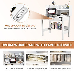 Tangkula White Desk with Hutch, Home Office Writing Study Desk with Storage Bookshelf & Drawer, Modern Makeup Vanity Desk for Bedroom, PC Laptop Desk Computer Desk for Working Studying
