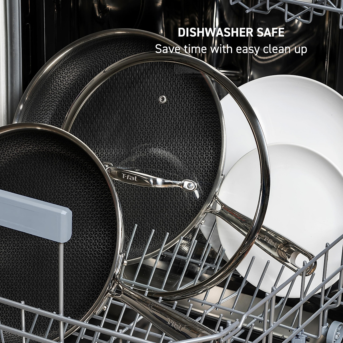 T-fal HybridMesh Tri-Ply Stainless Steel 3 Piece Cookware Set, 8, 10.25, and 12 Inch, Induction Oven Safe 500F, Metal Utensil Safe, Platinum Non Stick, Pots and Pans Set, Dishwasher Safe, Silver/Black