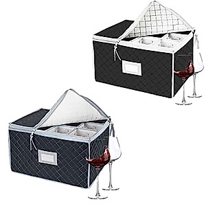 VERONLY 2 Pack Stemware Storage Box China Storage Case - Holds 24 Wine Glasses or Crystal Glassware Containers with Lable Window,Fully-Padded Inside with Hard Sides(15.5" x 12.5"x 10")