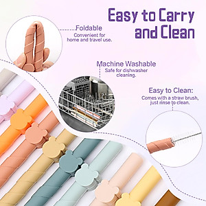 Reusable silicone straws for kids and adults - Dishwasher safe - 10 PCS 6.8 inch, BPA free, food grade multi-coloured straws for smoothies, shakes, drinks - Foldable for home and travel use