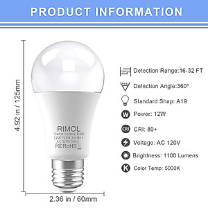 RIMOL Radar Motion Sensor Outdoor Light Bulb, 12 Watts (100 Watt Equivalent) A19 Daylight LED Bulbs Motion Detector Light Bulbs for Outside, Porch, Garage, E26 Base, 2 Pack