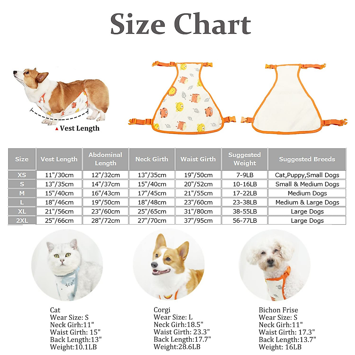 Garden Miller Dog Belly Protector, Anti Cold Clothing, Vest for Both Indoor and Outdoor Wear, Washable and Adorable Pajamas_S(Orange-Female)
