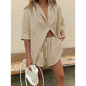 Meenew Women's 2 Piece Outfits Short Sleeve Shirt and Shorts Set Button Down Lounge Set Sweatsuits Pajama Set L Light Khaki