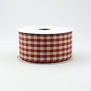 1.5" Wide Primitive Gingham Check Canvas Wired Ribbon Red & Tan (10 Yards) Good for Americana/Rustic Themes
