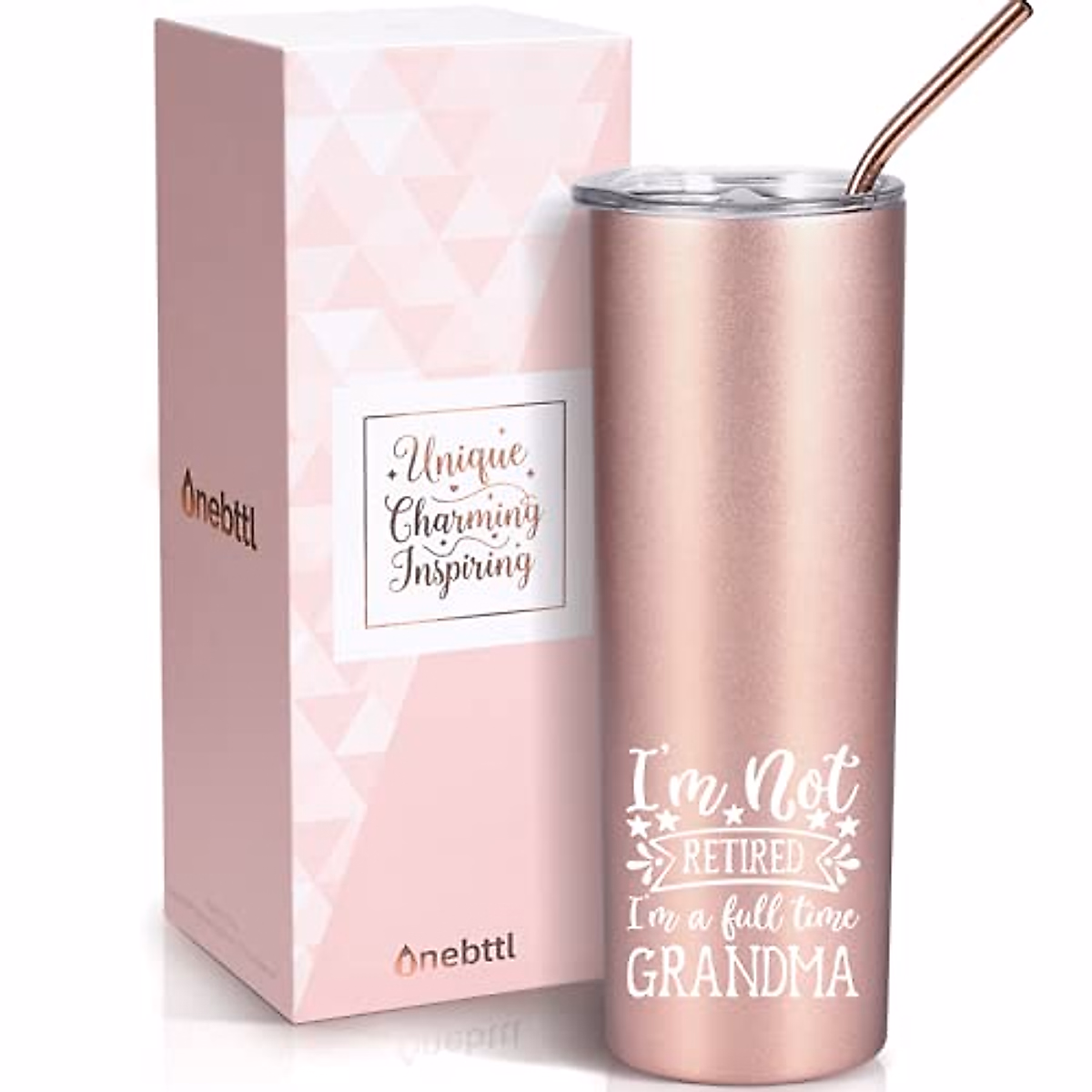 Onebttl Retirement Gifts for Women, Funny Retirement Tumbler 20oz, Retired Gifts for Coworkers, Grandma, Friends - Rose Gold (Full Time Grandma)
