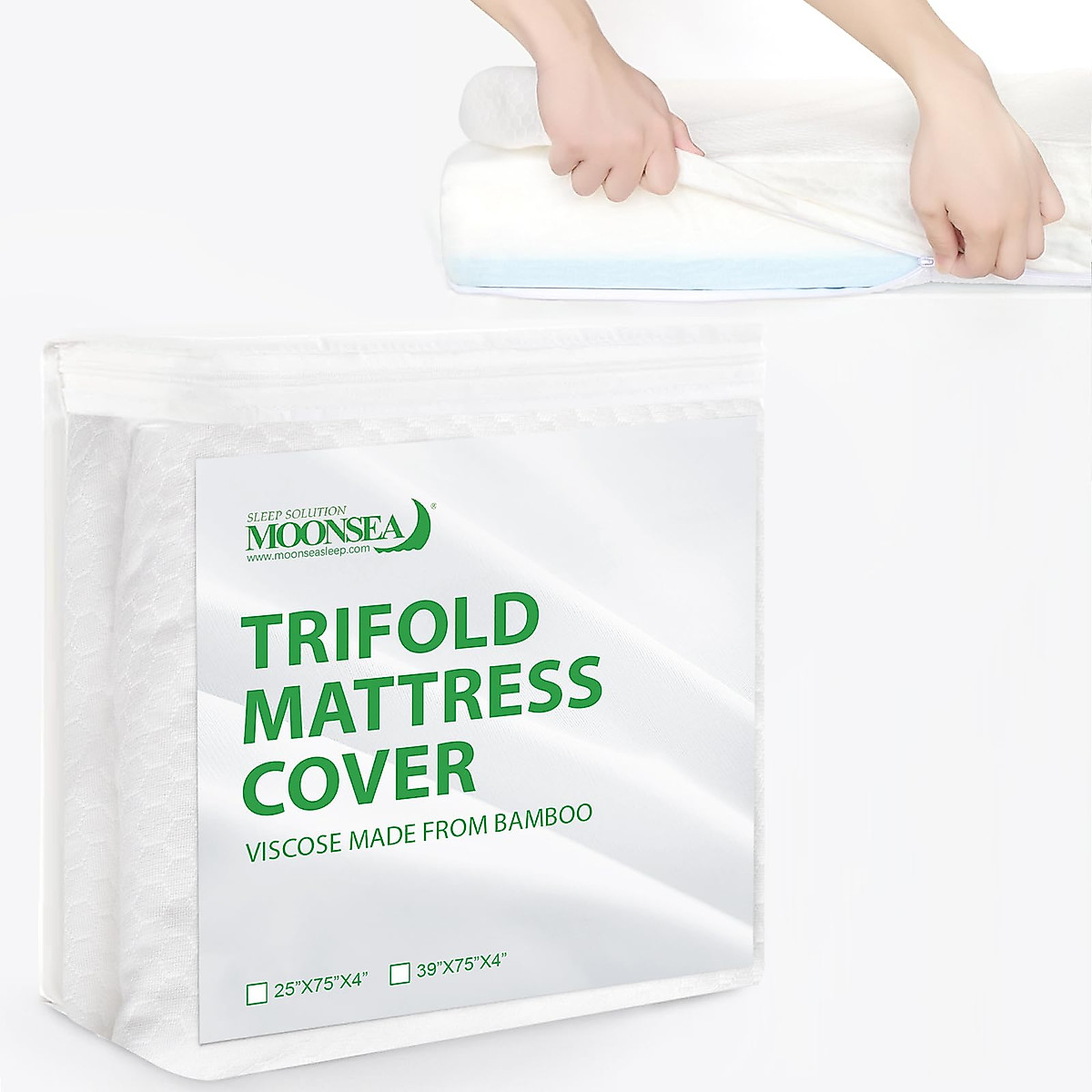 Moonsea Waterproof Replacement Cover for 25 x 75 x 4 Inch Tri-fold Mattress (Only Cover), Viscose Made from Bamboo Tri-fold Mattress Protector