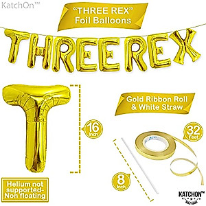 KatchOn, Huge Gold Three Rex Balloons - 16 Inch | Gold Three Rex Birthday Party Decorations | 3 Rex Birthday Decorations Boys | Three Rex Birthday Decorations Boys | Dinosaur Birthday Decorations