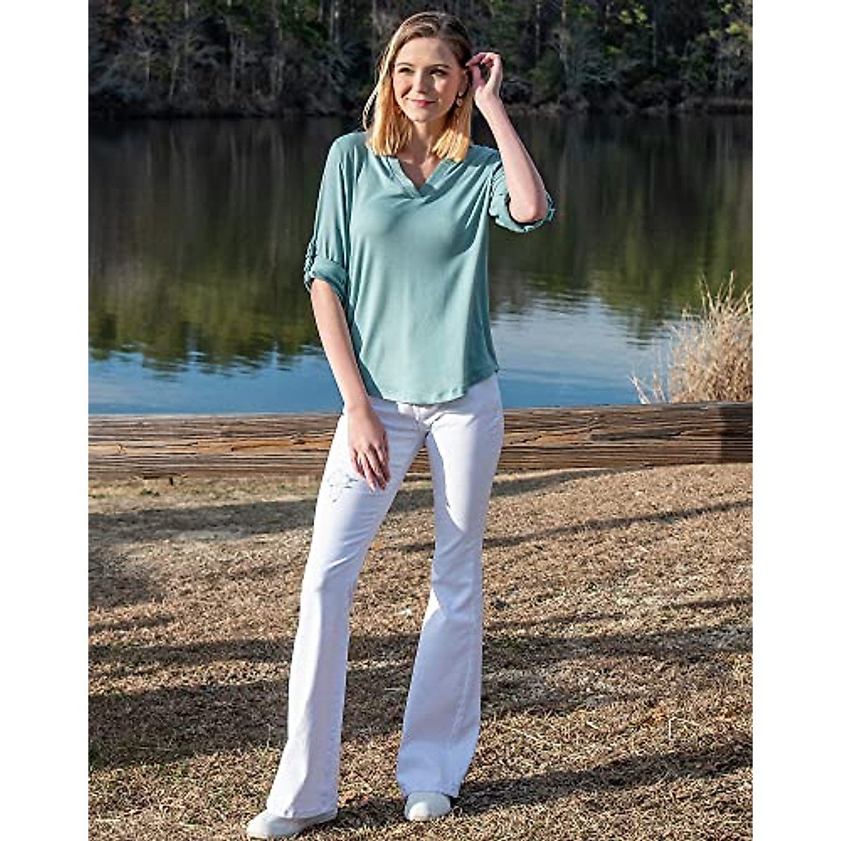 roswear Women’s High Waisted Bell Bottom Stretch Ripped Curvy Flare Jeans White Medium