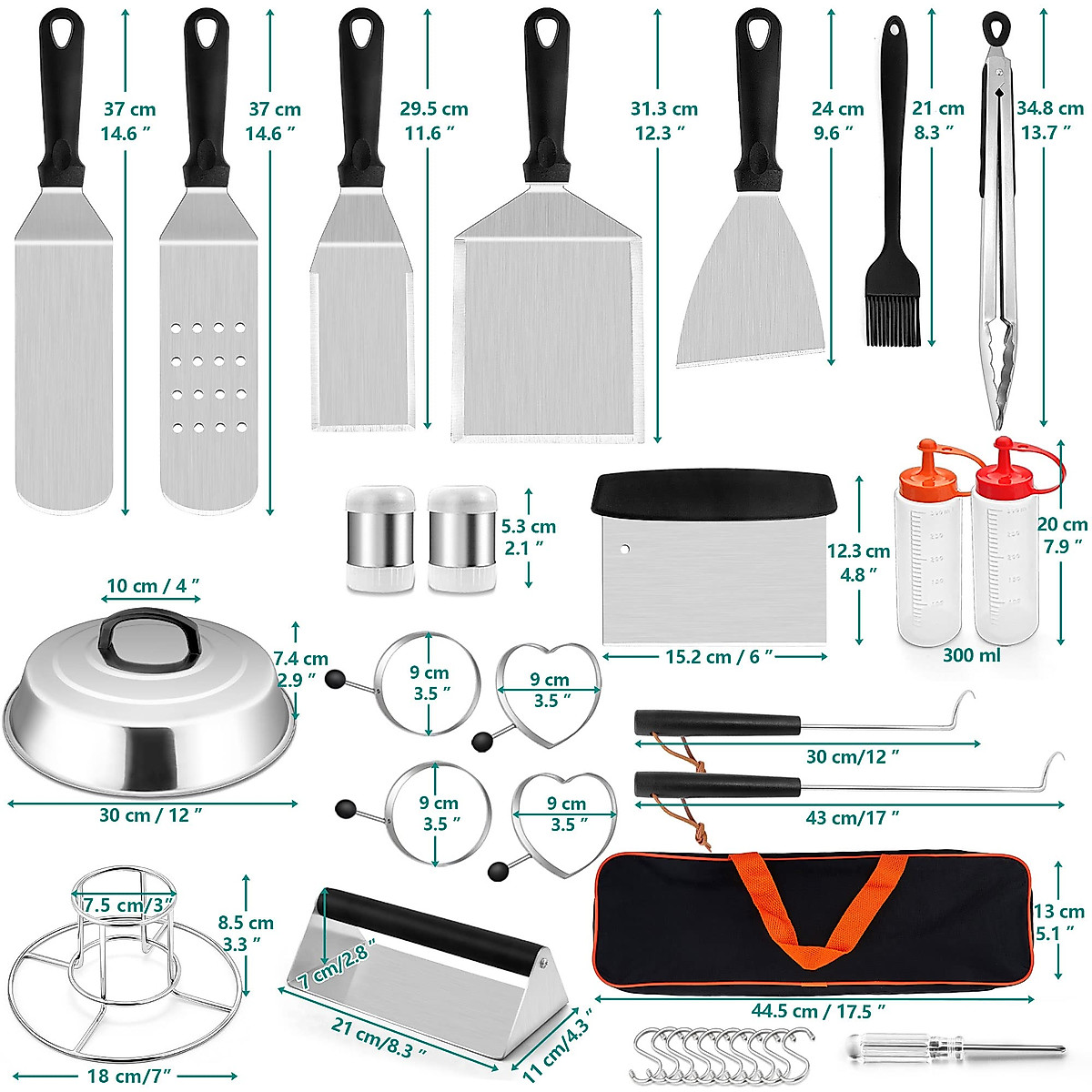 Leonyo Griddle Accessories Set of 23, BBQ Grill Accessories for Outdoor Grill, Stainless Steel Griddle Spatula Tools with Metal Grill Scraper Burger Press Melting Dome for Heavy Duty Flat Top Grill