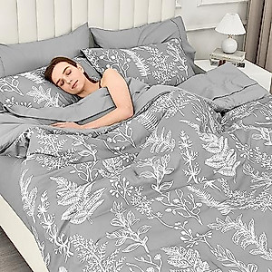 PHF Soft Printed Comforter Sets Queen-7 PCS Bed in A Bag Comforter & Sheet Set-Flowers Botanical Cozy Bedding Set Include Comforter, Pillow Shams, Flat Sheet, Fitted Sheet and Pillowcase, Grey