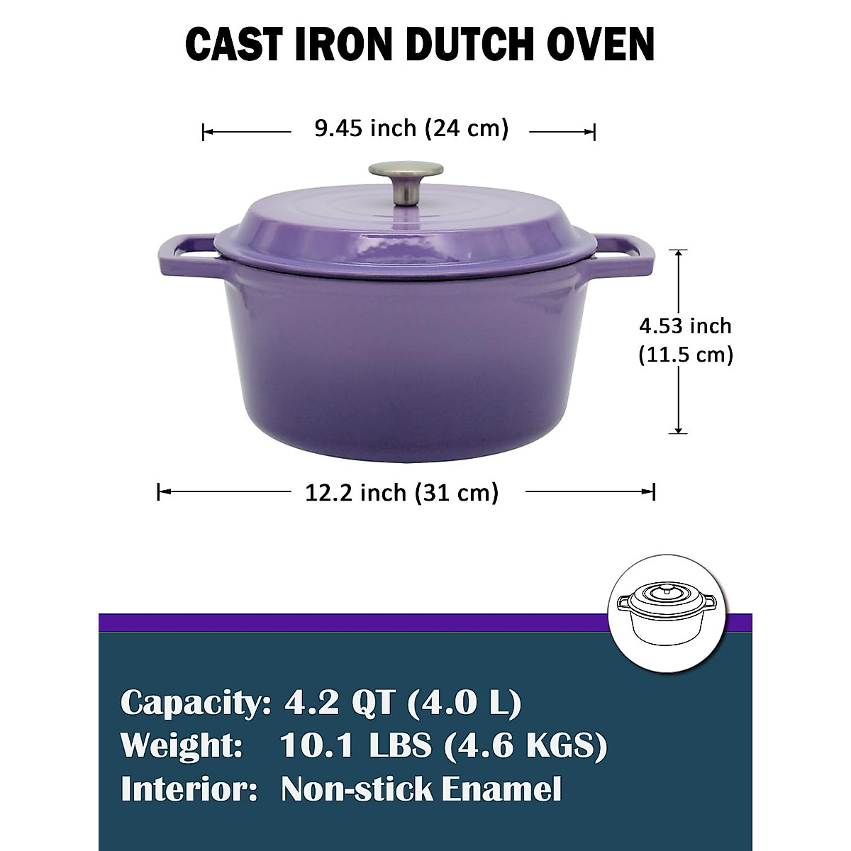 NWsystems 4.2 QT Cast Iron Dutch Oven, Non-stick and Enamel Interior, Multi-purpose Cooking & Baking, Suitable to All Kinds of Cooktops, Dishwasher Safe, and the Gift for Family and Friends - Violet