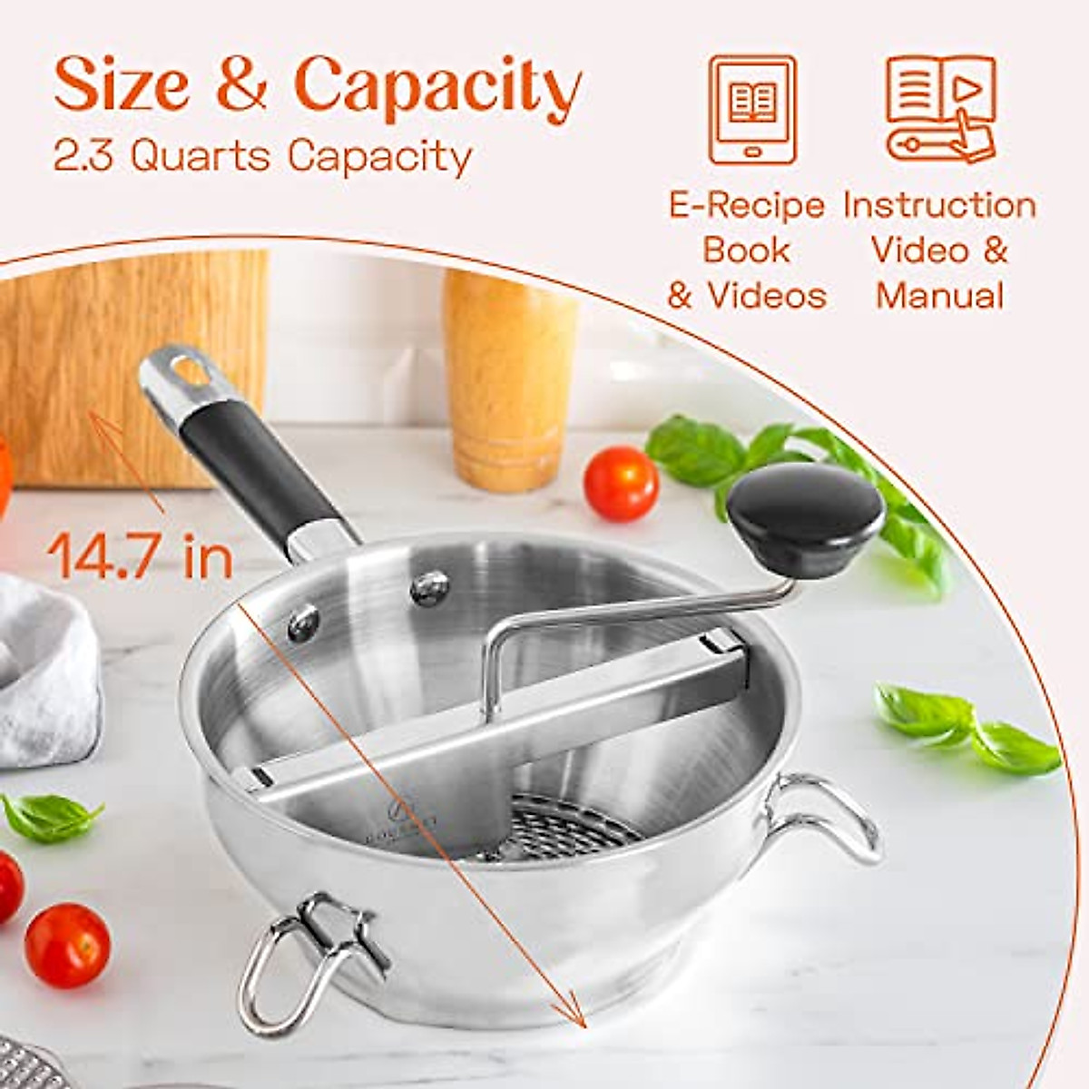 Food Mill Stainless Steel With 3 Discs - Best Rotary Food Mills For Tomato Sauce, Potatoes, Baby Food or Canning - Soft Silicone Handle and Dishwasher Safe - Includes 21 Digital Recipes with Videos
