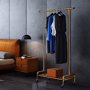 Metal Clothes Rail, Heavy Duty Clothes Rail with 1 Storage Shelf and 1 Clothe Rail, Garment Rail with Wheels, Black/Gold,60/80 * 40 * 160cm(Size:60 * 40 * 160CM,Color:Gold)