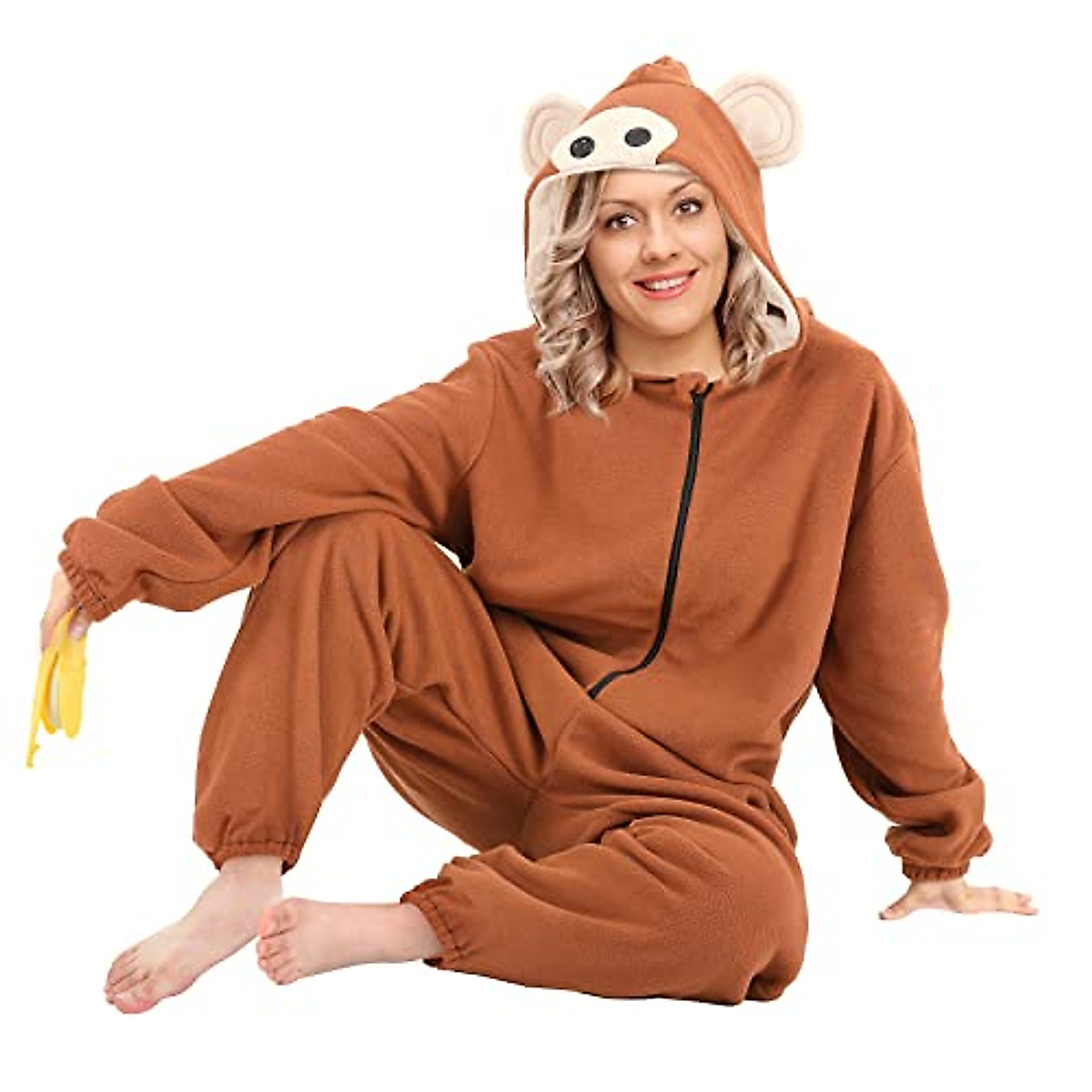Tao-Ge Monkey Onesie Adult Men Women Monkey Costume Pajamas Animal Onesies Suit for Christmas with Funny Banana Accessories Brown