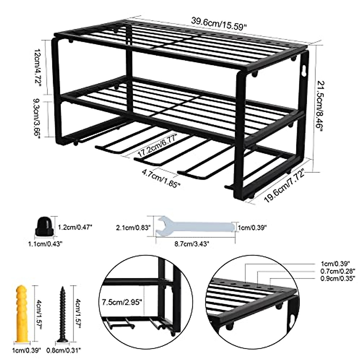 Power Tool Organizer, Drill Holder Storage Rack with Wall Mounted 4 Drill Slots 3 Layers Garage Tool Organizer Storage Wrench and Srewdriver Rack for Home and Workshop