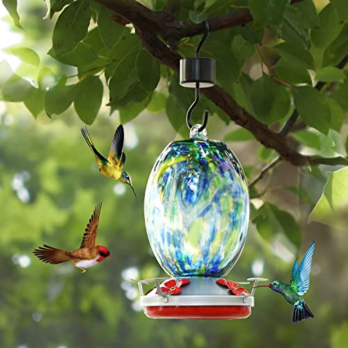 JALAMWANG Hummingbird Feeder for Outdoors Hanging, 25 Ounces, Hand Blown Glass, Leak Proof Rustproof, Containing Ant Moat, for Attract Hummingbird Garden Decoration etc(Blue Starry Night)