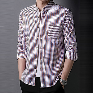 Men's Plaid Long Sleeve Stylish Shirts Striped Lightweight Slim Shirts Classic Business Button Down Dress Shirt (Red,3X-Large)