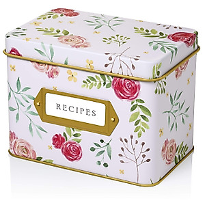 Jot & Mark Decorative Recipe Tin Box for Recipe Cards, Greeting Card Holder | Holds Hundreds of 4” x 6” Cards (Pink Peonies)