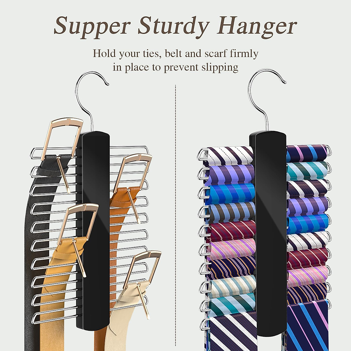 Dolinvo Tie Rack Tie Hanger 2Pack, Premium Wooden Tie Organizer 40 Storage Capacity Tie Holder for Closet,360 Degree Space Saving Ties/Belt/Scarves Hanger for Men,Black