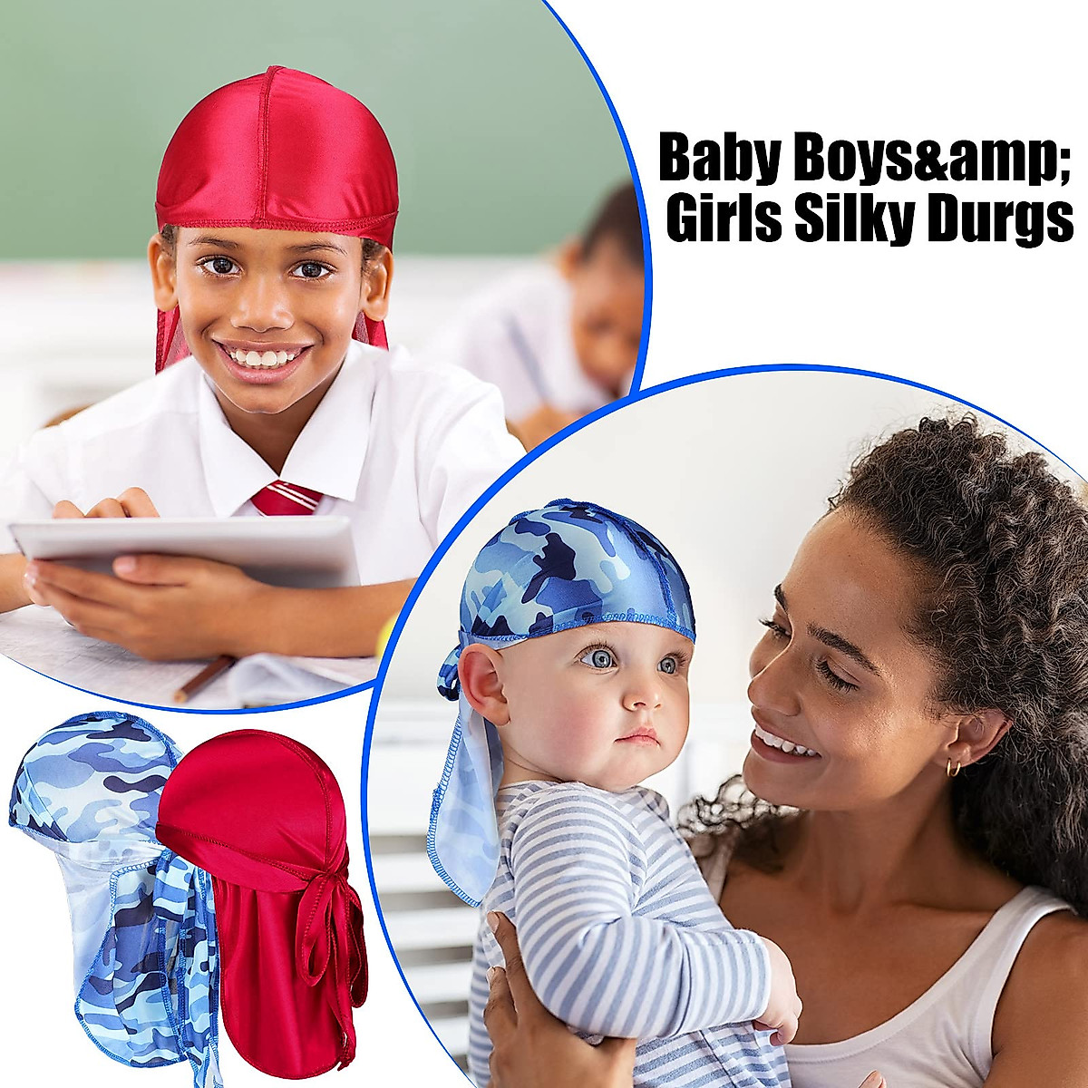 4 Pcs Kids Satin Durags Head Wrap Silk Durag Cap with Long Tail Wide Strap 360 Waves Cap Toddler Durags for Boy Girls (Black, Wine Red, Blue, Camouflage Blue)