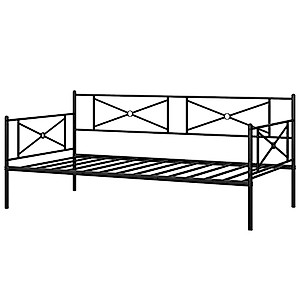KOMFOTT Metal Daybed Frame, Twin Bed Frame with Steel Slats Support, Sofa Mattress Foundation with Headboard, No Box Spring Needed, Multifunctional Platform Bed Frame Fits Twin Mattress (Black)