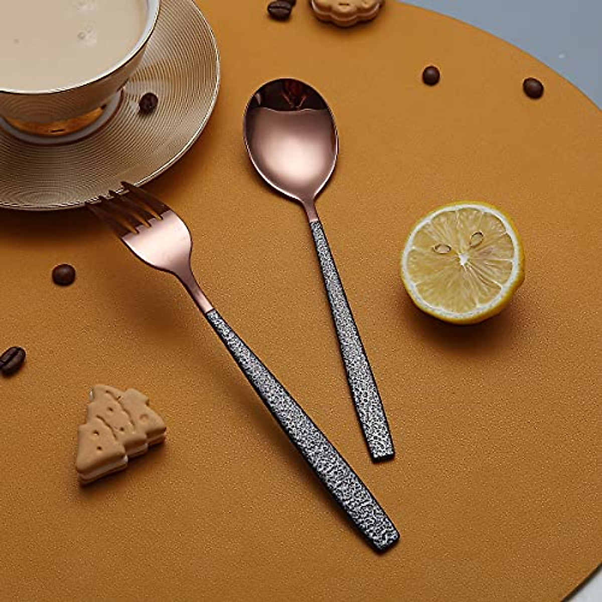 Silverware Set 20 Pieces Rose Gold Head Coating With Black Mars Handle, Stainless Steel Copper Titanium Plating Knives Spoons Forks Flatware Set Utensils Set Cutlery Set Service For 4