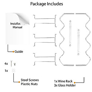 Wallniture Piccola Under Cabinet Wine Rack & Glasses Holder Kitchen Organization with 4 Bottle Organizer Metal Chrome