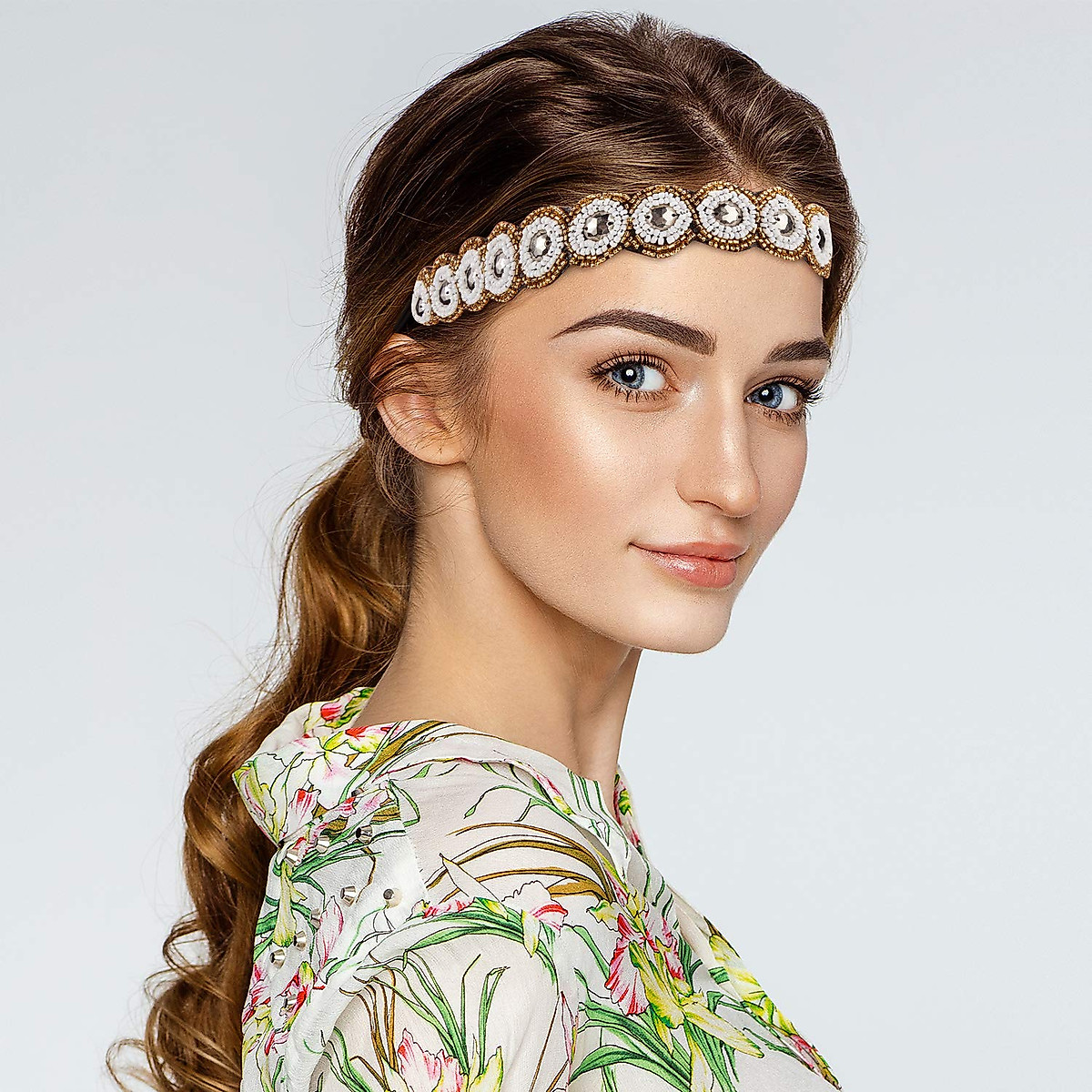 WILLBOND 10 Pieces Rhinestone Beaded Headbands Elastic Elegant Lace Handmade Headwraps Wide Hair Bands Vintage Crystal Jewelry Hairbands for Women Hair Accessories