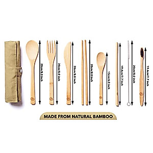 Greenzla 2-Pack Bamboo Utensils Set | With Bonus 2 Bamboo Toothbrushes | Natural Bamboo Straw, Spoon, Fork, Knife, Teaspoon, Chopsticks, Brush & 2 Storage Bags | Reusable Bamboo Cutlery set