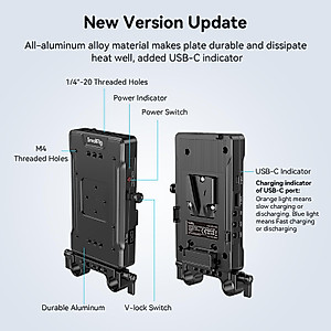 SmallRig V Mount Battery Adapter Plate with PD 65W USB-C Quick Charger, QC protocol USB-A, D-TAP, 8V & 12V DC Port, 15 mm Rod Clamp and Light Indicator, for Camera, Monitor, Transmitter, Phone - 3203B