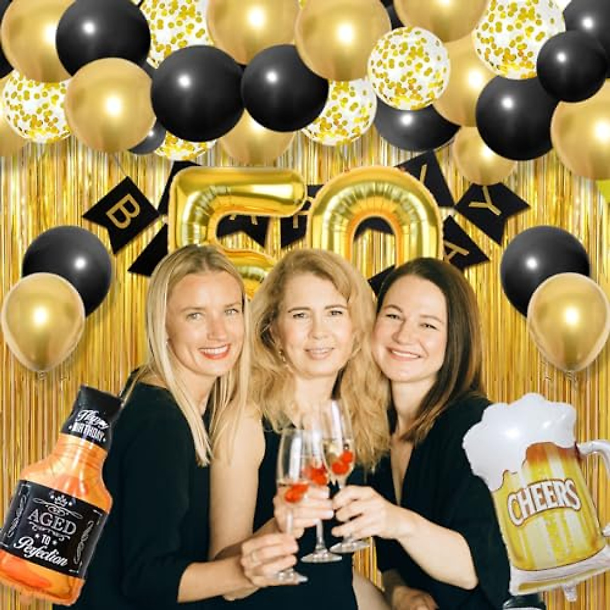 50th Birthday Decorations Men, Black and Gold 50th Birthday Balloons, Banner and Birthday Cake Topper, Happy 50 Birthday Decorations for Men