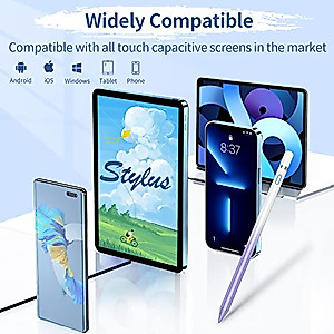 Stylus Pen for iPad, Active Stylus Pen for Touch Screens with Fine Point Tip & Magnetic Cap, Compatible with Apple iPad, iPhone, Android, Tablet and Other Capacitive Touch Screen (White Purple)