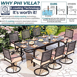 PHI VILLA Outdoor Dining Table and Chairs Set for 8, 9 Pieces Patio Metal Expandable Rectangular Table and Black Swivel Chairs with Cushions, Dining Furniture Set for Backyard, Porch