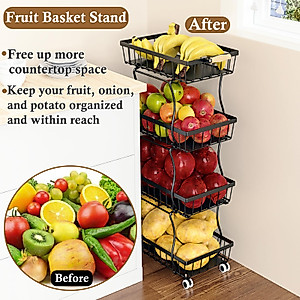 OKZEST Fruit Basket, 4-Tier Small Kitchen Organizer and Storage Cart on Wheels, Rolling Pantry Snack Cart with Handle for Storing Fruit, Potato, Onion, Snacks, Vegetables, Bread, Produce