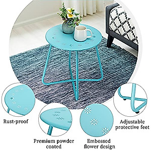 danpinera Outdoor Side Tables with Flower Cut Outs, Weather Resistant Steel Patio Side Table, Small Round Outdoor End Table Metal Side Table for Patio Yard Balcony Garden Blue