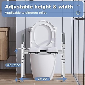 Raised Toilet Seat with Handles, Stand Alone Elongated Toilet Riser with arms and Widen seat, Heavy Duty 400lb Adjustable Commode Chair with Safety Frame, Shower Chair for Elderly, Handicap Pregant