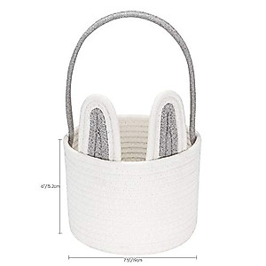 Sea Team Easter Bunny Basket for Eggs Hunt, Easter Eggs Bucket, Small Woven Cotton Rope Tote Bag with Rabbit Ears & Fluffy Tail for Kids, Easter Days Decoration, Party, Holidays, Gray
