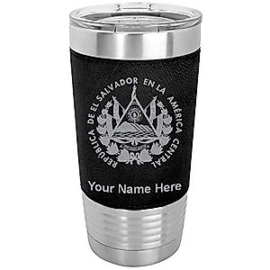 LaserGram 20oz Vacuum Insulated Tumbler Mug, Flag of El Salvador, Personalized Engraving Included (Faux Leather, Black)