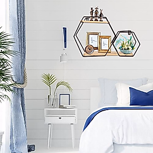 ShiningLove Wall Mount Hexagonal Floating Shelves, Metal Framed Gold Shelves with Wooden Floor, Simple Wood Partition Storage Shelves for Bedroom, Living Room, Kitchen and Office Black