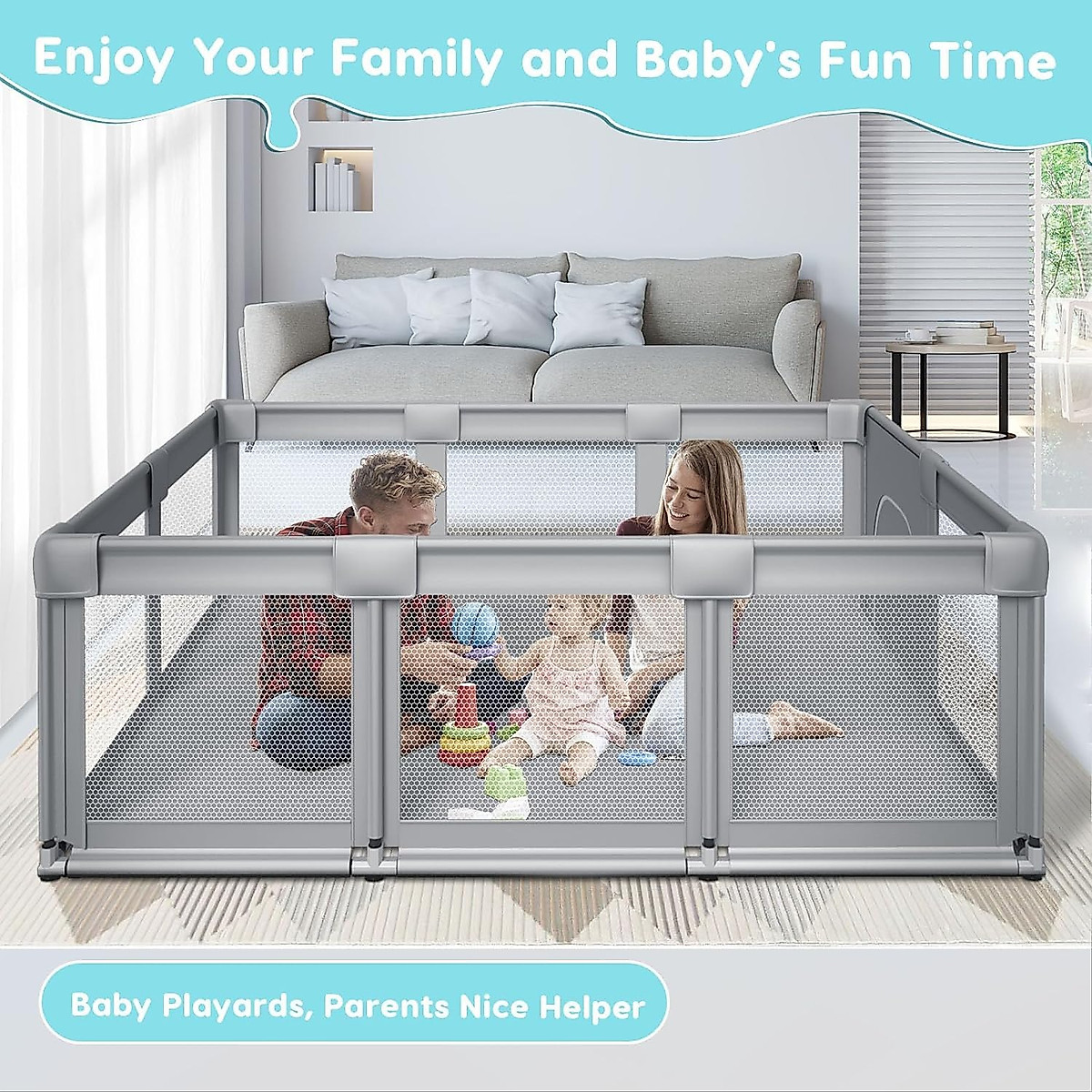 Fshibila 74" ×50" Large Baby Playpen, Baby Playard for Babies and Toddlers, Baby Fence Play Pens for Indoor & Outdoor, Sturdy Safety Play Yard with Soft Breathable Mesh, Anti-Fall, Grey
