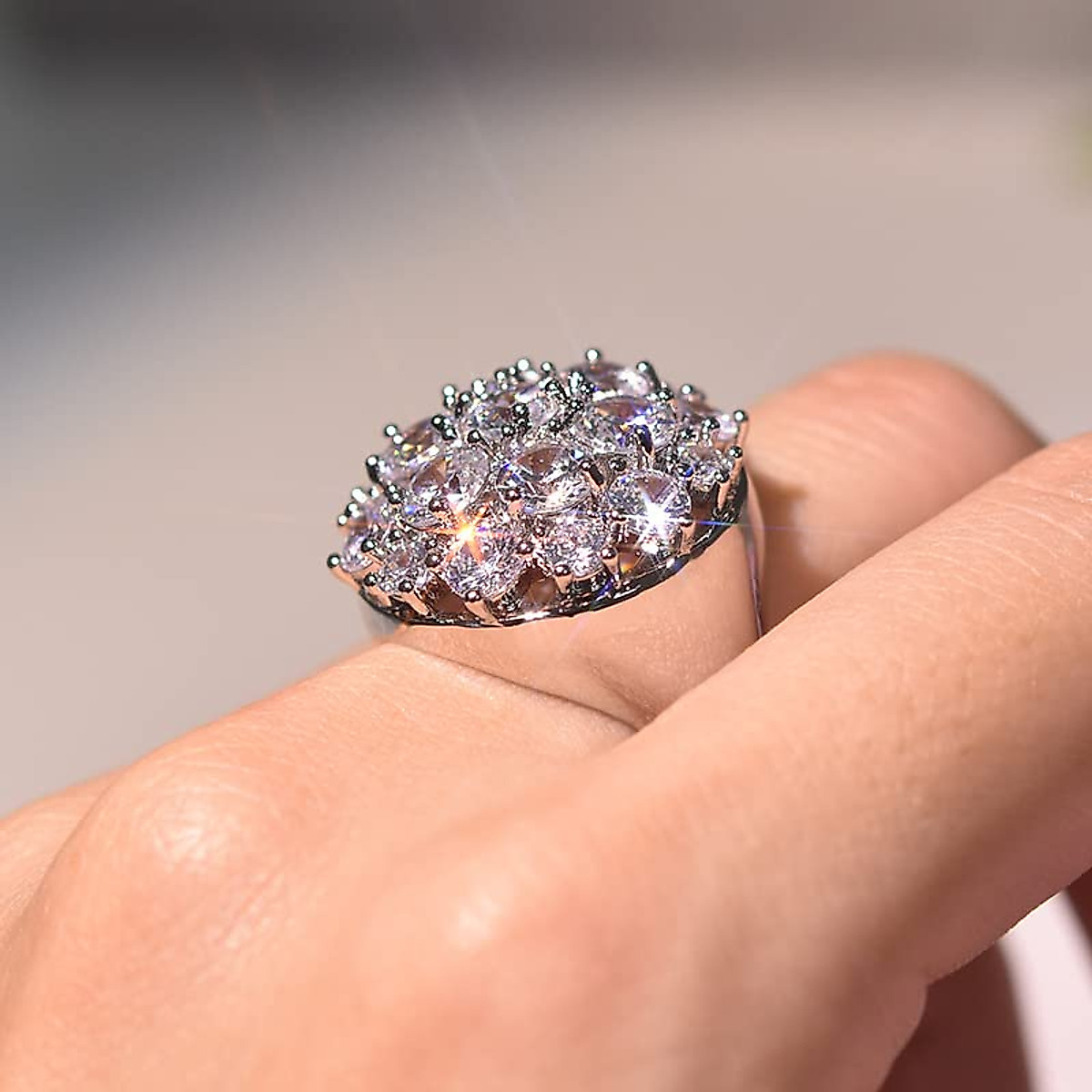 Luxury Full Diamond Round Super Flash Zircon Ring Banquet 925 Sterling Silver Ring Round Cut Cubic Zirconia Ring Simulation Diamond Fashion Wedding or Engagement Ring CZC441 (6, Rose Gold)