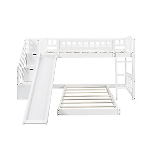 Bunk Beds with Slide Twin Over Twin Low Bunk Bed Frame with Storage Drawers Stairway Wood Bunk Bed for Kids Boys Girls, White