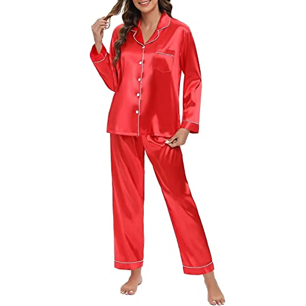 HPWUZK Women's Silk Satin Pajamas Set Long Sleeve Sleepwear Soft Pjs Set Two Piece Button Down Loungewear Pj Set,Red,X-Large
