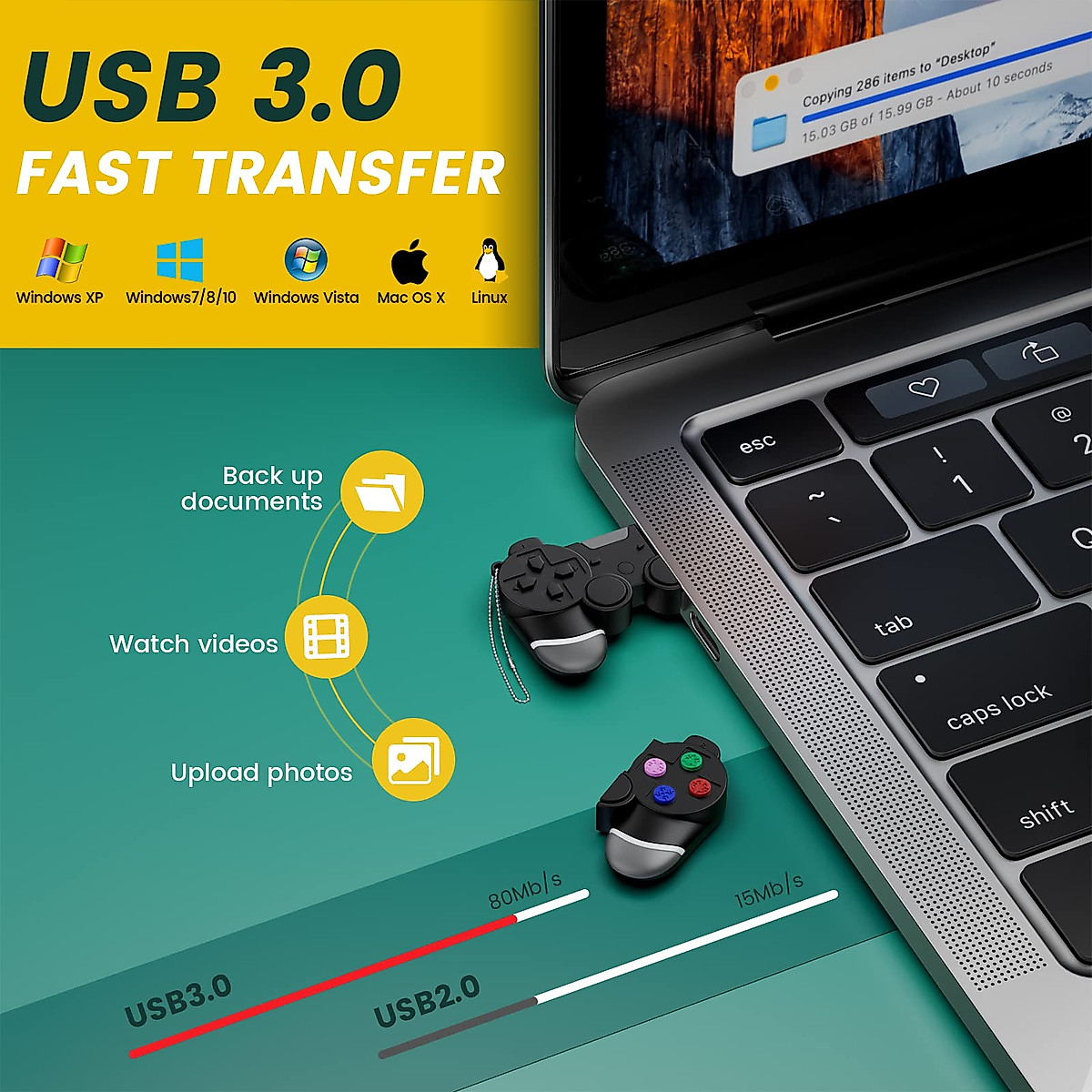 High Speed 64GB USB 3.0 Flash Drive Cool Thumb Drive - Creative Memory Stick Zip Drive 64 GB Pen Drive - FEBNISCTE Data Storage Device Jump Drive Gamepad Shape Pendrive