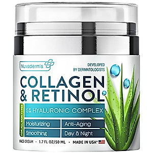 NUVADERMIS Collagen & Retinol Face Moisturizer - Night & Day Cream - Made in USA - Anti Aging & Anti Wrinkle Lotion - Sensitive Skin Safe - Daily Hydrating Skin Care for Women & Men - Pump, 1.7 oz