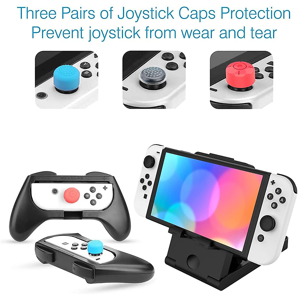 HEYSTOP Switch Case / Switch OLED Case Accessories Compatible with Nintendo Switch & OLED Model, Carry Case with Joycon Grip / PlayStand / Thumb Grips Caps for Nintendo Switch & OLED Model, Black