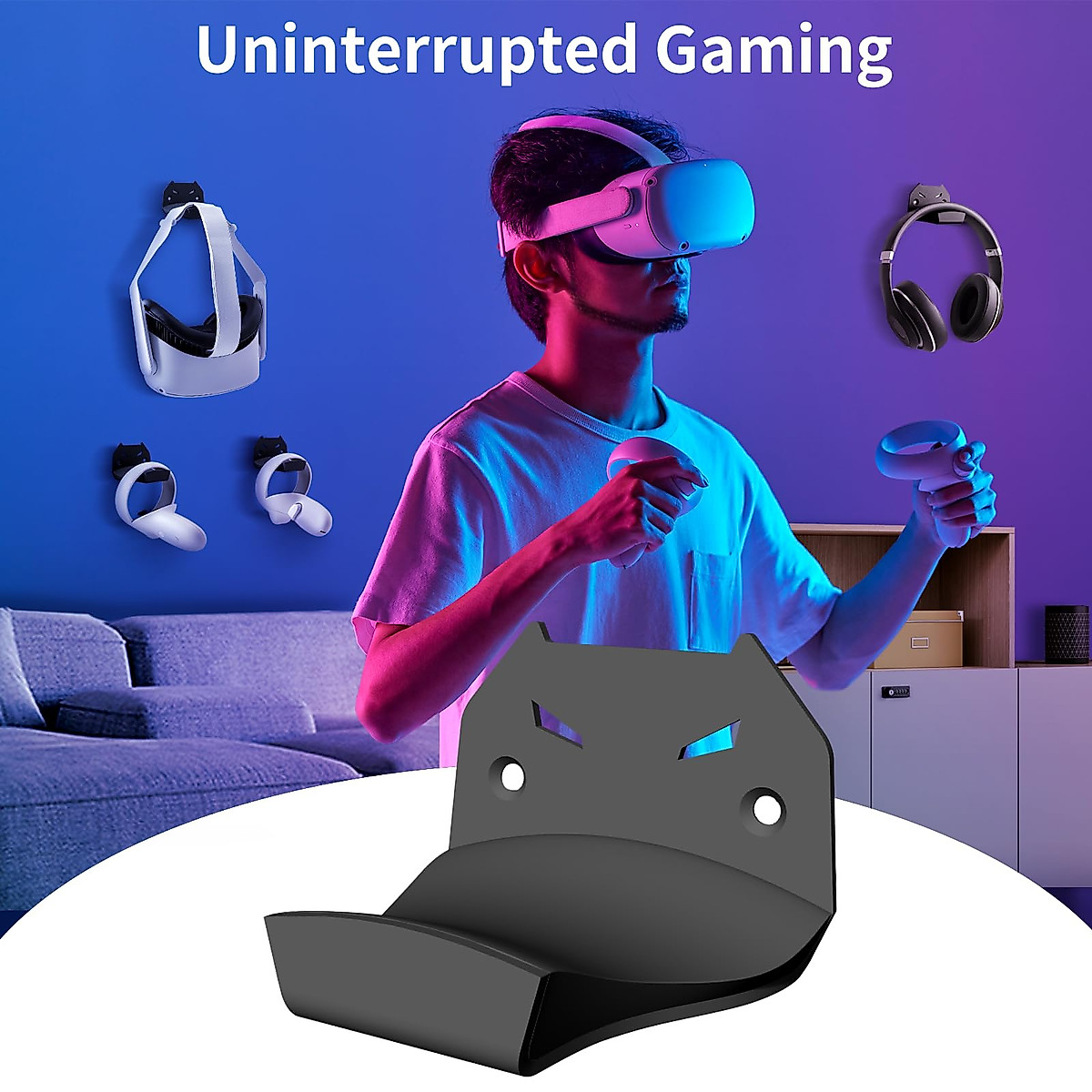 BracNova Headphone Hanger Holder Wall Mount-Steel Storage Stand Hook for Universal VR Headset and Controller（Black Headphone Hook with Premium Silicone Cradle）